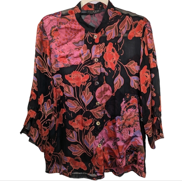 Citron | Tops | Citron Santa Monica Silk Blend Floral Asian Inspired ...